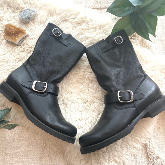Frye | Shoes | Frye Veronica Short Black Leather Motorcycle Boots ...